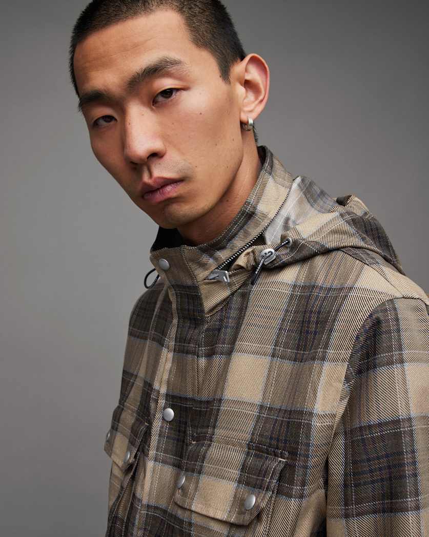 Hokke Checked Pack-Away Hood Jacket Brown | ALLSAINTS